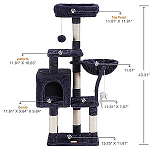 Heybly Cat Tree with Toy, Cat Tower condo for Indoor Cats, Cat House with Padded Plush Perch, Cozy Hammock and Sisal Scratching Posts, Smoky Gray HCT004SG