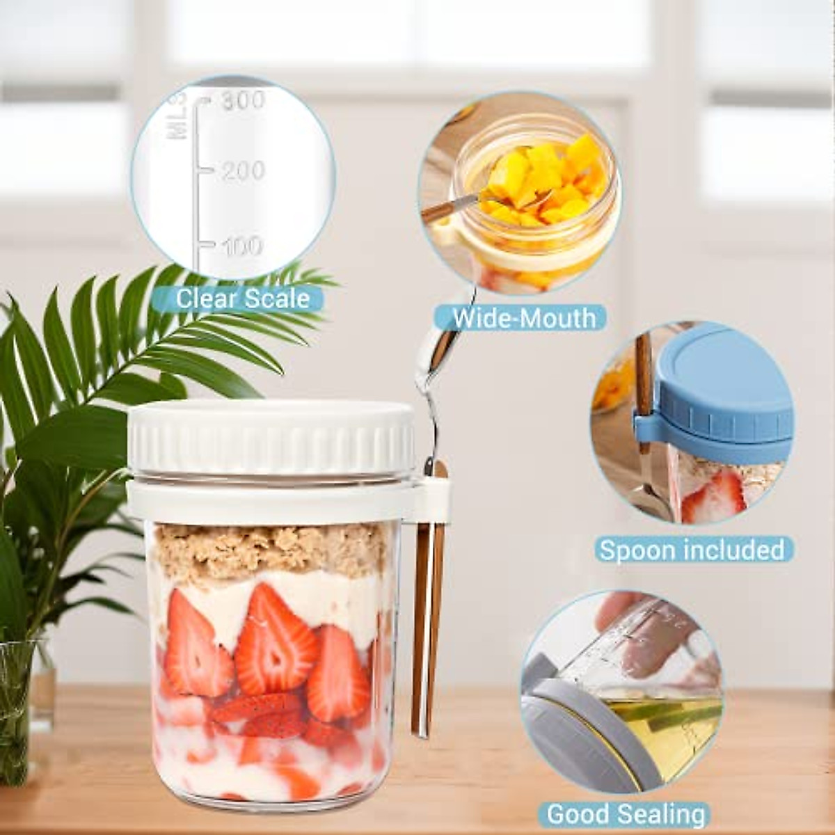 4 Pack Overnight Oats Containers with Lids and Spoons, 12 oz Airtight Mason Overnight Oats Jars, Meal Prep Container Reusable for Cereal, Fruit, Chia Pudding, Salad, Milk with Measurement Mark