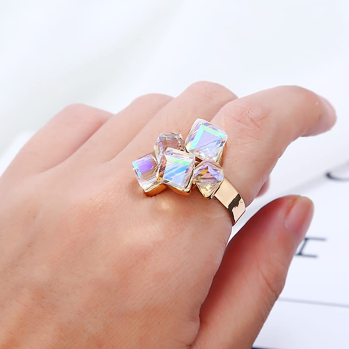 Boho Square Crystal Statement Ring for Women Girls Gold Plated Adjustable Expandable Promise Engagement Geometric Rings Comfort Fit Elegant Art Deco Birthday Christmas Cocktail Party Y2K Jewelry Gift