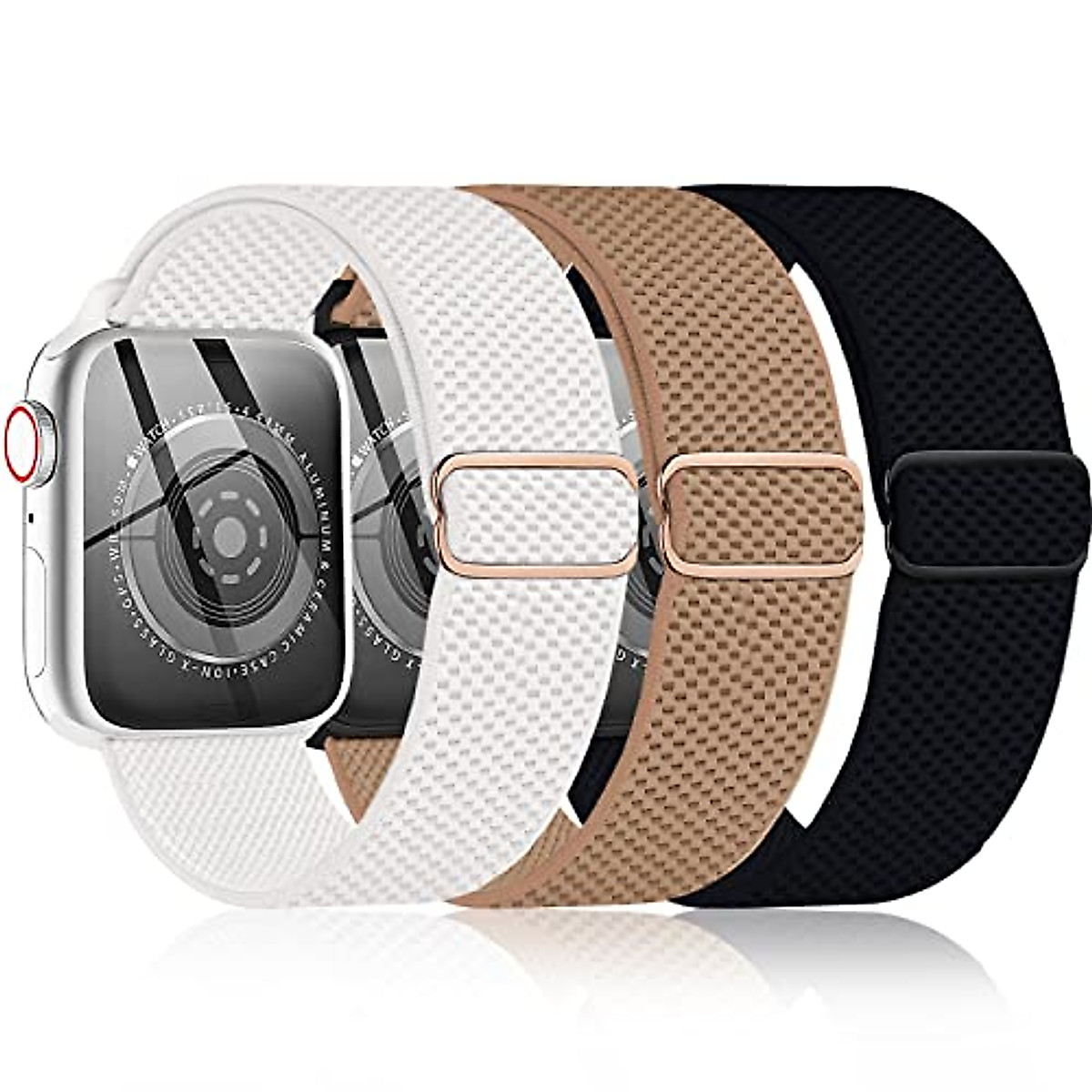 3 Pack Stretchy Nylon Band Compatible with Apple Watch Band 38mm 40mm 41mm for Women Men, Adjustable Sport Solo Loop Elastic Strap for iWatch Series Ultra/SE/8/7/6/5/4/3/2/1, White/Brown/Black