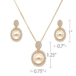 Lavencious Oval Dangle Jewelry Set Cream Color Pearl Necklace & Earrings Trendy AAA Cubic Zirconia Gold Plated For Women (Gold)