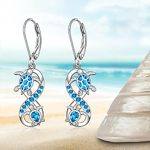 Turtle Earrings for Women Sterling Silver Infinity Blue Opal Sea Turtle Earrings Dangle Drop Tortoise Ocean Wave Jewelry Gifts for Turtles Lovers