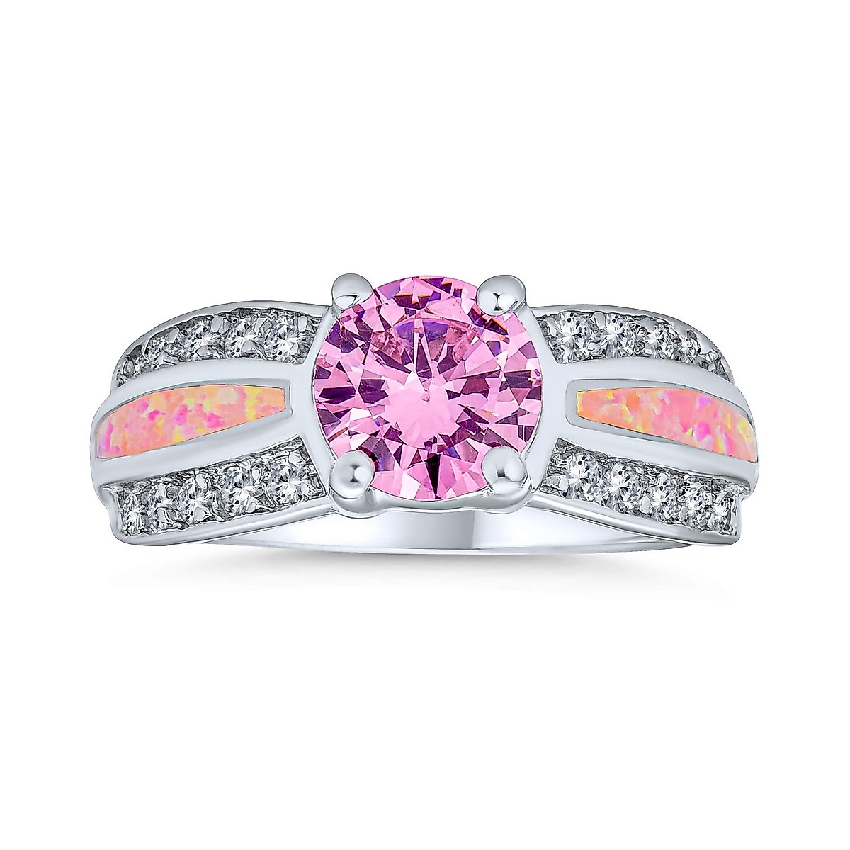 Bling Jewelry Personalize Unique Pink AAA CZ Round Brilliant Cut Solitaire Engagement Ring For Women .925 Sterling Silver Created Opal Inlay Wide Band Customizable