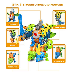 Children's Day Take Apart Robot Toy 5 in 1 Transformer Dinosaur Toys Screwdriver Transforming T-rex Building Toy STEM Educational Construction Transform Gifts for Kids Boys Girls 3 4 5 6 7 Years Old