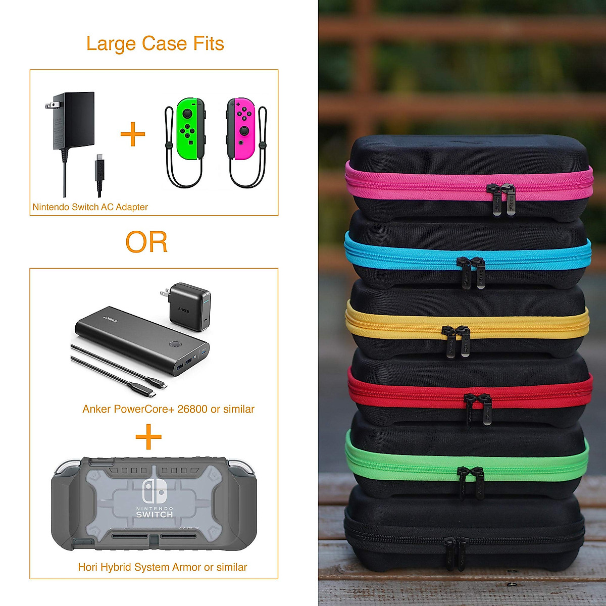 ButterFox Extra Large Carrying Case for Nintendo Switch Lite, Fits AC Adapter Charger, Compatible with JETech Protective Case and Most Grips, Game and Accessories Storage (Black/Yellow)