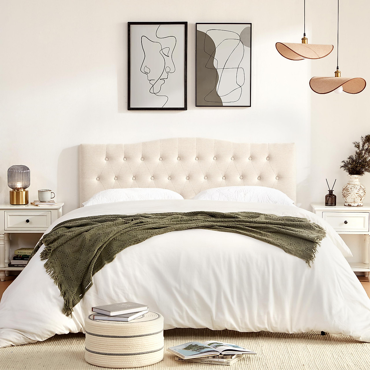 Huatean Home Tufted Upholstered Headboard Queen Size, Sturdy and Durable Solid Wood Bed headboard, Fabric Headboard Adjustable Height from 37” to 51”, Modern Button Diamond Design Head Board, Beige