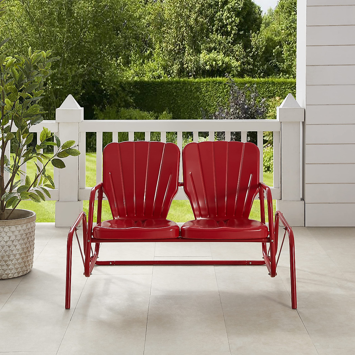 Crosley Furniture Ridgeland Retro Metal Outdoor Loveseat Glider, 2-Person Rocking Patio Bench for Porch, Bright Red Gloss