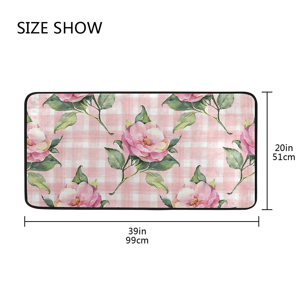 Pink Rose Plaid Kitchen Rug Door Mat Bath Rug Home Decor Floor Mat Non-Slip Carpet for Kitchen Living Bedroom 39 x 20 Inch