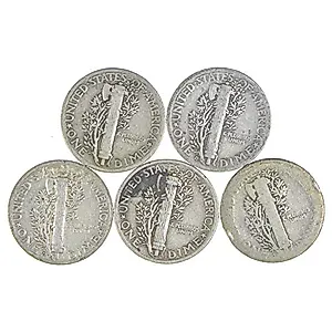 5 Coin Lot Silver Mercury Dime. Beautiful Authentic"Fascist" USA Coin With Fasces Same Symbol Later Used By Benito Mussolini Dime Circulated Graded by Seller