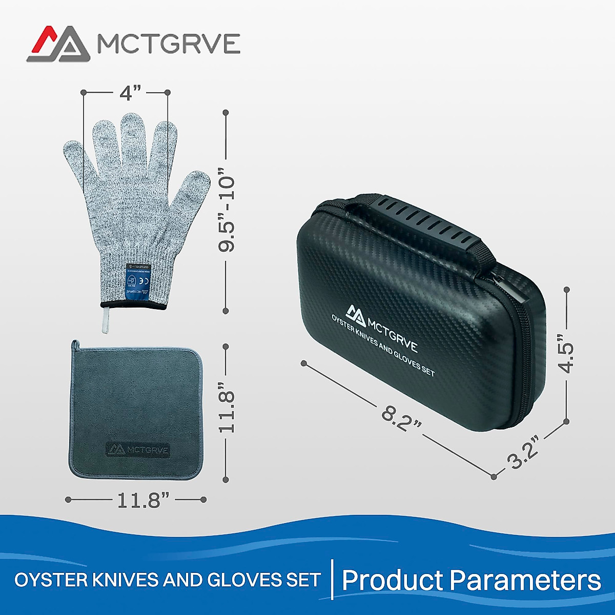 MCTGRVE Oyster Shucking Knife and Glove Set -Oyster Shucker Kit with 2pcs Oyster Knife 1pair of Level5 Protection Gloves 1pc Kitchen Cloth-Seafood Opener Tools in a Storage Bag (black) Great Gifts