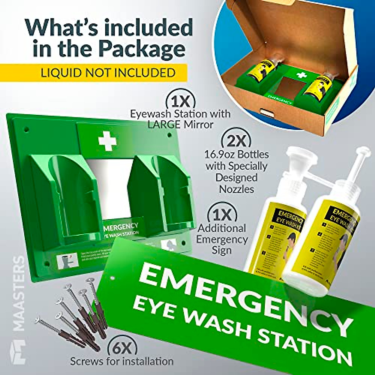 MAASTERS BPA Free Portable Eye Wash Station OSHA Approved - Wall-Mounted First Aid Eye Wash Kit w/Mirror & 2X 16oz Empty Bottles - No Eye Wash Solution Included - Emergency Eyewash - Set of 1