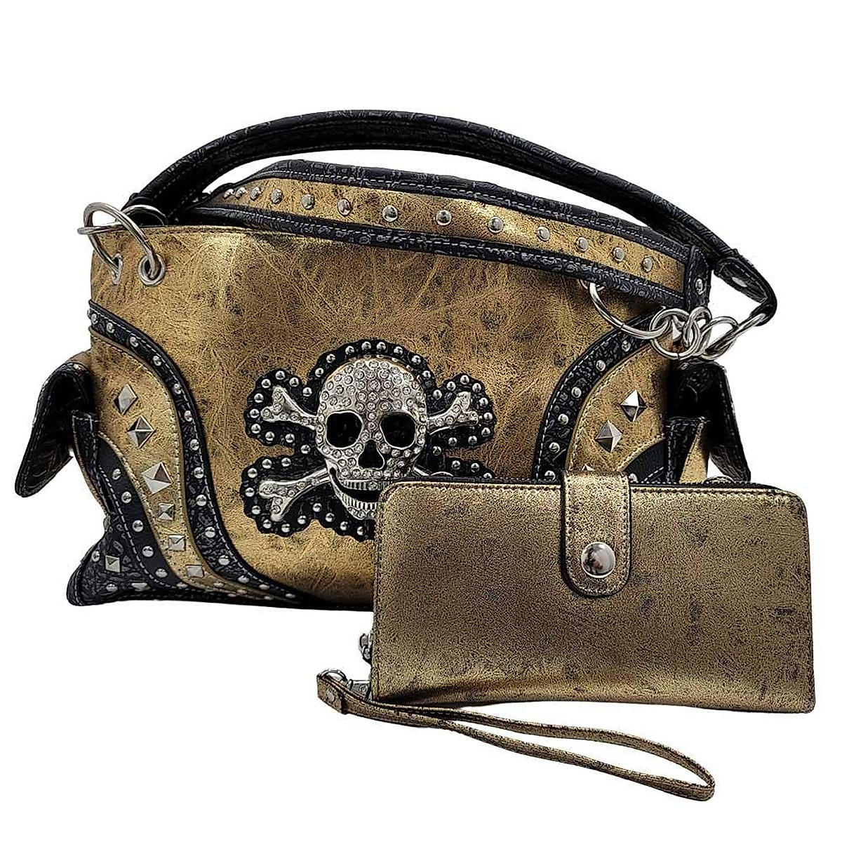 R2N fashions Western Rhinestone Studded Skull Concealed Carry Handbag and wallet set (metallic pink set purse with wallet)