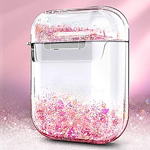 NZND Glitter Liquid Case Compatiable with Apple AirPods 1/2, Sparkle Flowing Floating Durable Girls Women Kids Cute Clear Hard Cover Carrying Case -Rose Gold