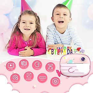 Instant Print Camera for Kids, USHINING Kids Instant Cameras Ink Free Printing Selfie Digital Camera for Kids Aged 3-12,1080P Video Camera with 2.4" Screen,SD Card,Color Pens,Papers,Lanyard (Pink)