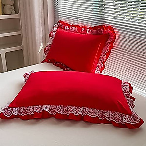MOOWOO Chic Ruffle Lace Polyester Duvet Cover Set -Girl Red Bedding-3 Piece Full Duvet Cover with Zipper Closure -Ultra Soft and Light Weight (Red, Full Size)