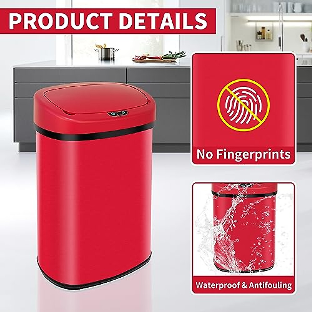 BLKMTY 13-Gallon Stainless Steel Trash Can with Lid, Red, 50L