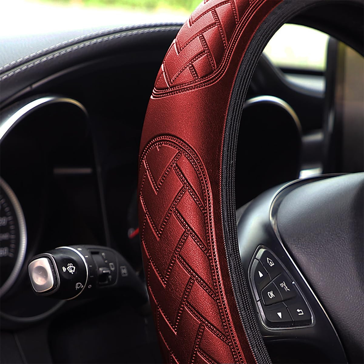 BESULEN Car Steering Wheel Cover, 15 Inch Leather, Red, Black, Beige, Brown, Wine Pink, Gray, Universal Fit