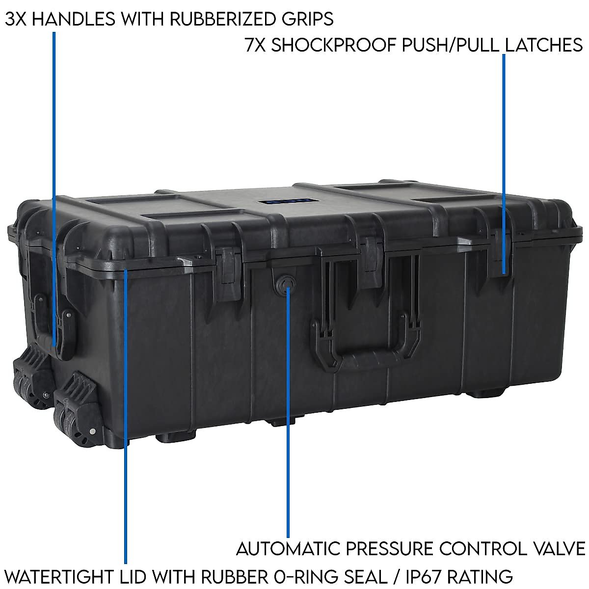 DCB Cases - Element 7975F | 32 x 21 x 12 Ext Dim | IP67 Waterproof | Pluck Foam Insert | Telescoping Handle | Rubberized Grips | Resin-Reinforced Injection Molded Plastic | 7 Latch Lid Close | Wheels