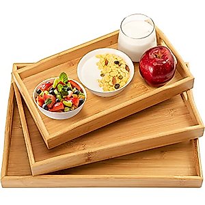 3 Pack Bamboo Serving Tray Food Tray with Handles, Multi-Use Platter Trays Set for Food, Coffee, Breakfast, Tea, Snack, Wooden Decor Tray Used in Kitchen, Dining Room, Party, Restaurants by Pipishell