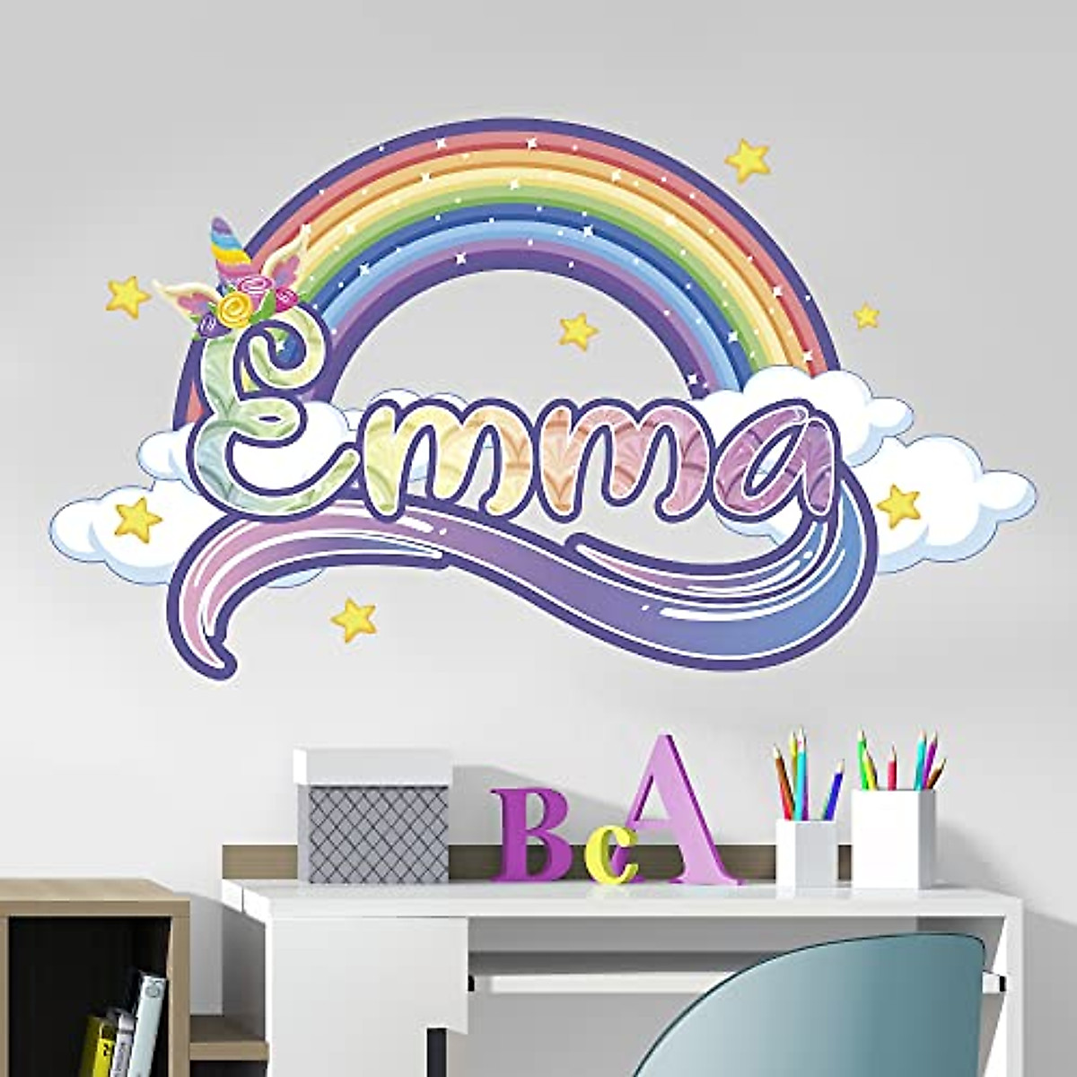 Kyle Cornhole Rainbow Wall Decals - Personalized Unicorn for Girls Bedroom Name Decal Room Decor Sticker Nursery Art, Green,rainbow