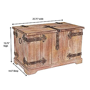 Household Essentials Decorative Trunk, Victorian, Large, Chinese Fir Wood, Aged-Wood Finish with Metal Accents, Fully Opening Lid, Stout Design, Ring Handles