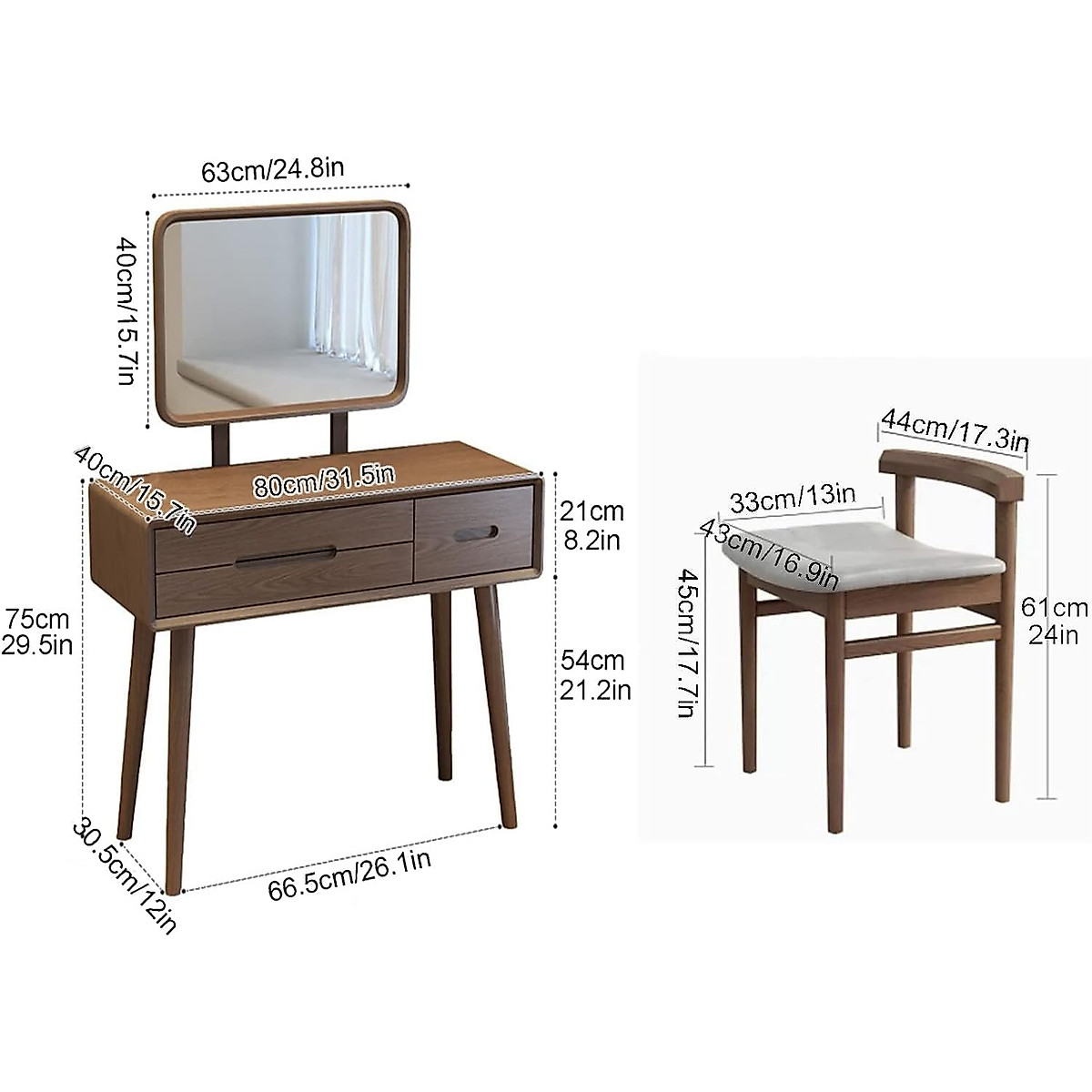 ZUMAHA Estiloso Wooden Vanity Desk, Makeup Vanity Set with Height Adjustable Mirror, Padded Chairs, Vintage Dressing Table for Women Bedroom Elegante