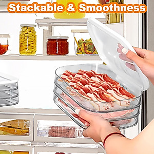 RAUWIZX 3 PCS Bacon Refrigerator Crisper with Lid, Deli Meat Cold Cut Food Storage Organizer, Plastic Bacon Crisper, Stackable Refrigerator Transparent Organizer, (FREE MEAT CUTTERS)