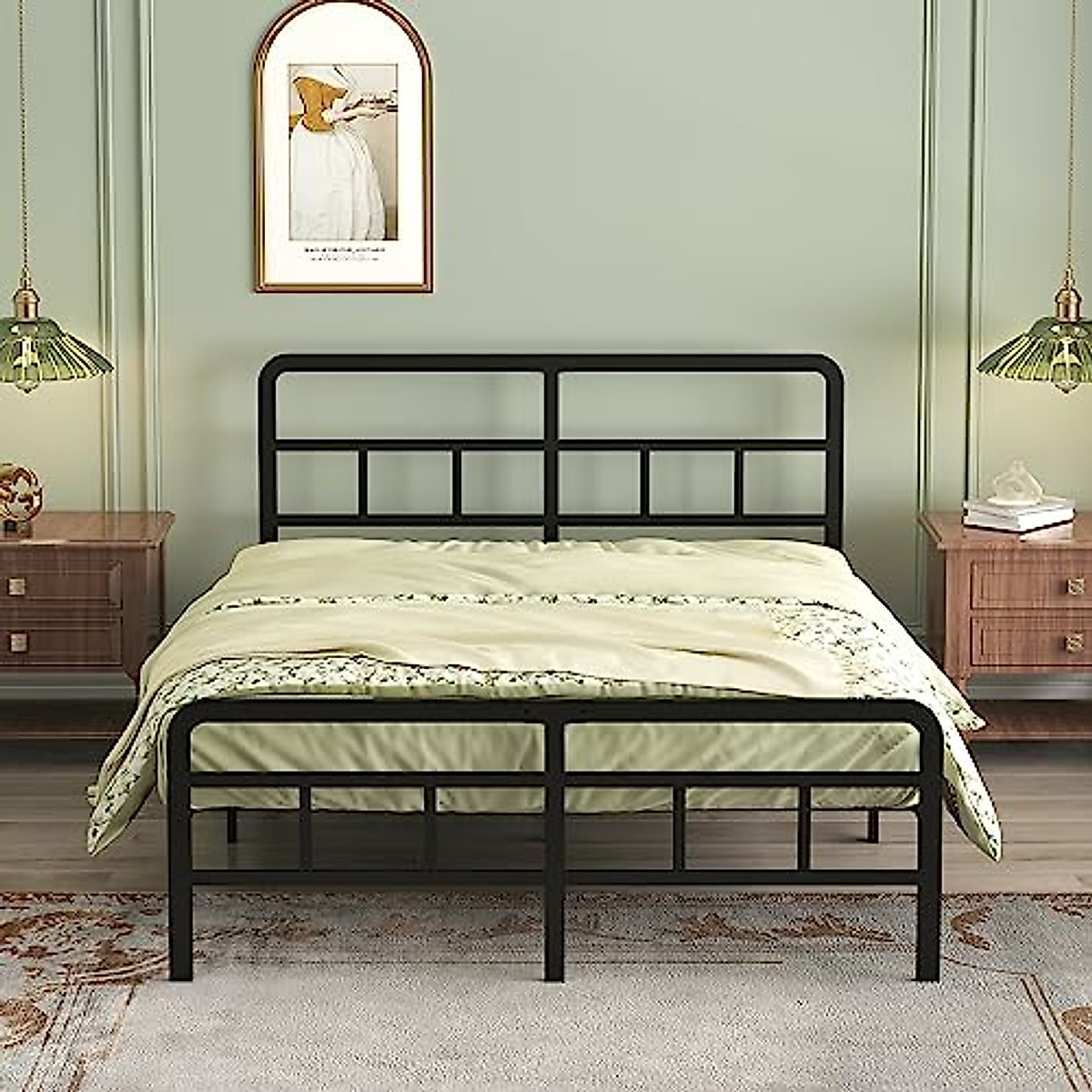 Richwanone Full Size Bed Frame with Headboard and Footboard, 14 inch Metal Platform with Steel Slat Support, No Box Spring Needed, Easy Assembly, Black