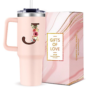 Monogrammed 40oz Tumbler with Handle for Women, Personalized Birthday Gifts for Women,Initial Cups for Girl Floral Letter J,Customized Gifts for Woman Lady Gift for Mothers Day Christmas