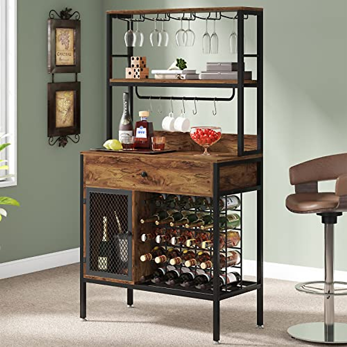 Tribesigns Wine Bar Cabinet with Storage Drawer, 64 Inches Tall 32-Bottles Large Capacity Freestanding Wine Rack Bar Cabinet with 6 Hooks for Home Bar, Kitchen, Wine Cellar, Rustic Brown