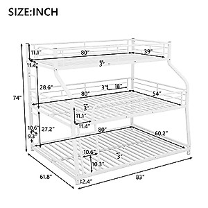 Harper & Bright Designs Metal Triple Bunk Beds,Bunk Beds Twin XL/Full XL/Queen,3 in 1 Triple Bed,Heavy Duty 3 Beds Bunk Bed with Guard Rails & 2 Ladders for Kids,Teens, Adults,White