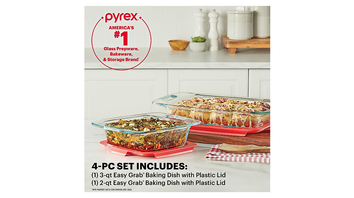 Pyrex 4-Piece Extra Large Glass Baking Dish Set With Lids and Handles ...