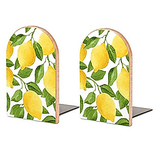 NFGSE Book Ends, Yellow Lemon Leaf 2 Pcs 5 X 3 Inch Modern Home Decorative Bookends for Shelves, Fashion Design Wood Book Stopper for Heavy Books Office School Home Kitchen