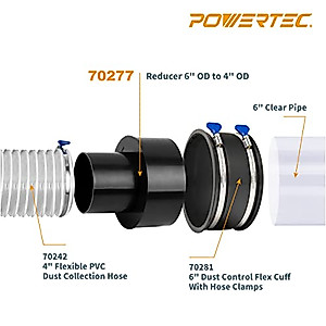 POWERTEC 70277 Dust Collection Reducer, 6-Inch OD to 4-inch OD, Black