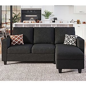 Belffin L Shaped Couch, Convertible Sectional Sofa with Linen Fabric, Modern Couch with Reversible Chaise for Living Room and Small Space, Dark Grey