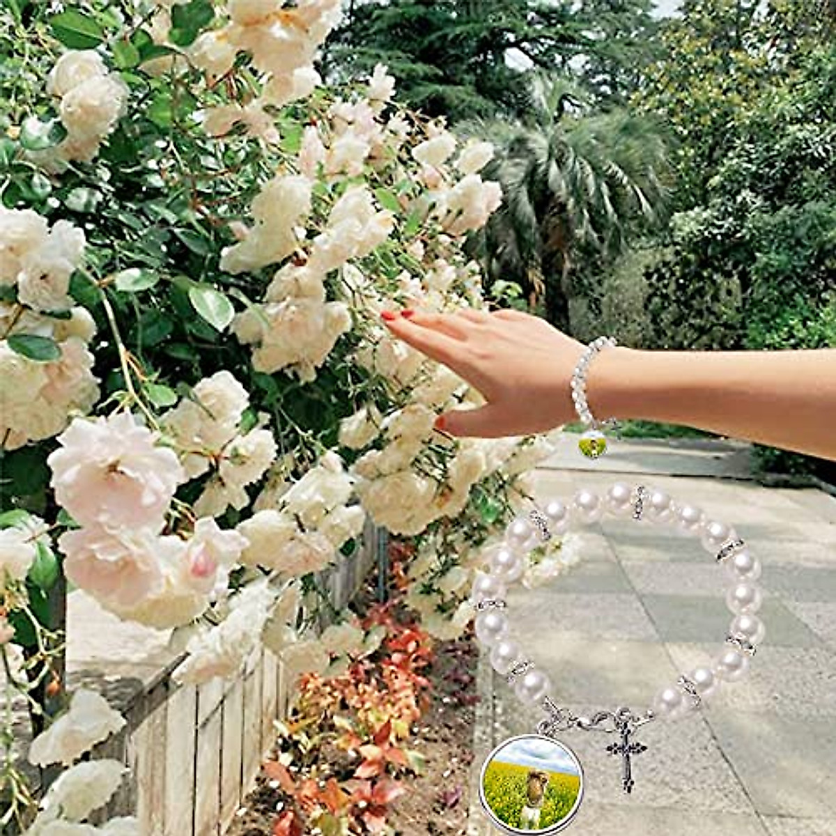 Custom Christian Charm Bracelets for Women Faith-Personalized Bracelets for Women with Picture-Engraved Cross Bracelet for Women Beaded Grandma Mother Daughter Easter Adjustable (White)