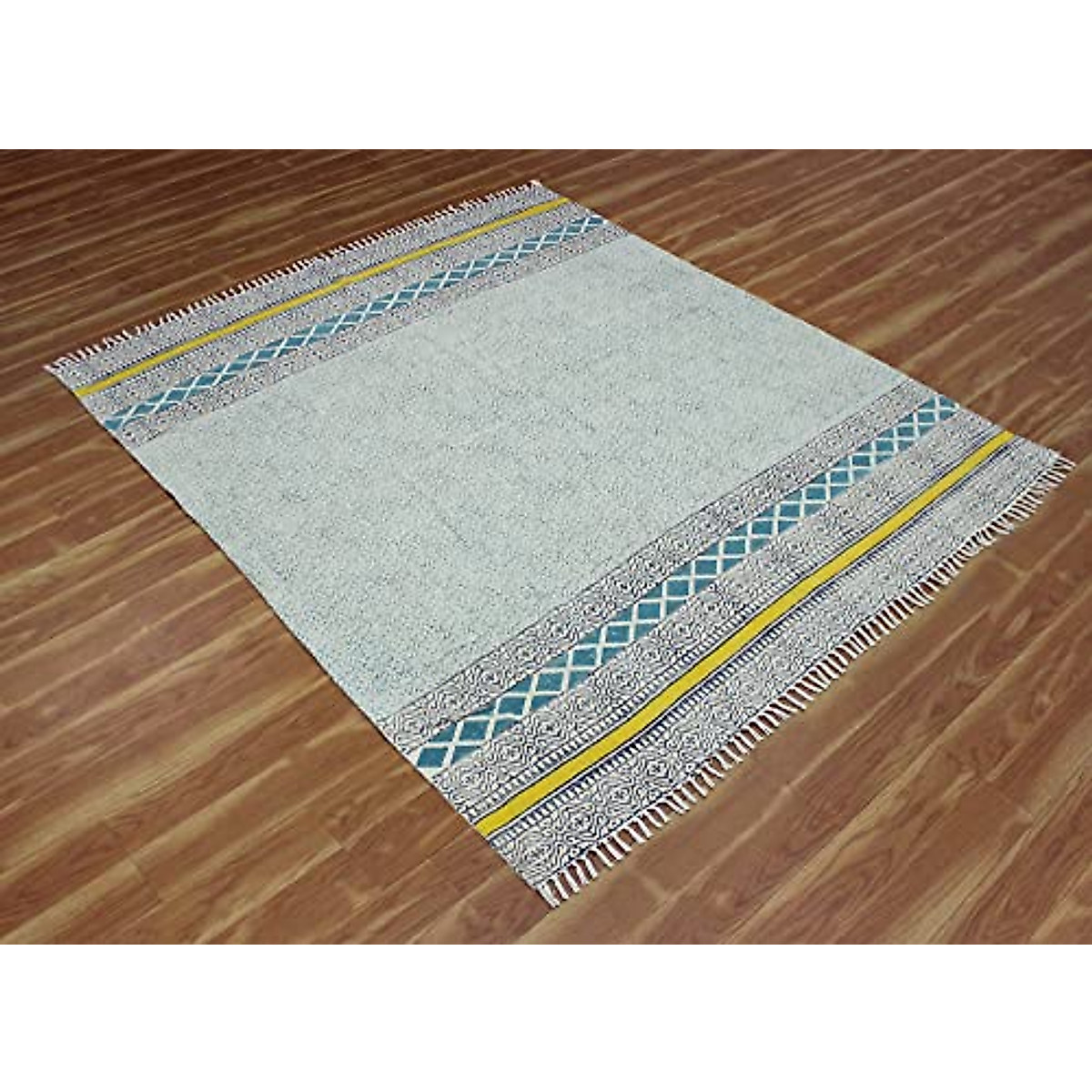 Casavani Hand Block Printed Cotton Dhurrie Geometric Blue & Black Area Rug Doormat Floor Rug Indoor Area Rugs for Bedroom Living Room Laundry Room 6x12 Feet Runner