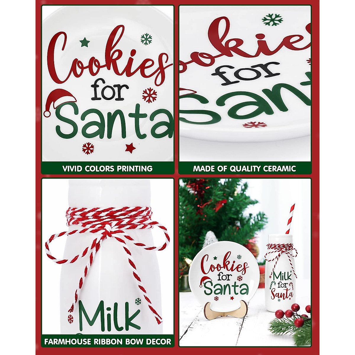 Nefelibata Christmas Tiered Tray Decor, Mini Cookies for Santa Plate Milk Jar Set, Ceramics Xmas Treat Plate Home Kitchen Dining Table Decor Holiday Housewarming Gift for Young Children New Parents