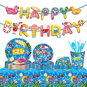 Pool Party Decorations,Summer Party Decorations,Beach Party Decorations Include Pool Party Plate,Dessert Plates,Cups,Napkins (16 Guests)
