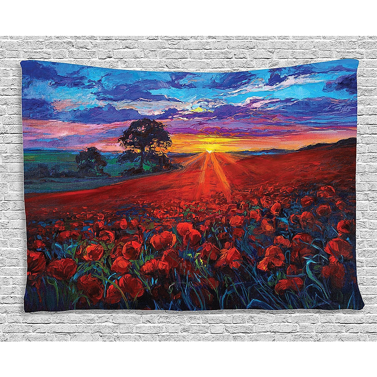 Ambesonne Country Tapestry, Clouds at Sunset Paint Scenery of Poppy Flower Garden on Valley with Horizon, Wide Wall Hanging for Bedroom Living Room Dorm, 60" X 40", Burgundy Deep Sky Blue
