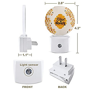 ILYBEEN Farm Sweet Honey Bee with Honeycomb LED Night Lights Plug-in Nightlight with Auto Dusk to Dawn Sensor, Hexagon on Burlap Cotton Round Lamp for Bedroom,Hallway,Bathroom