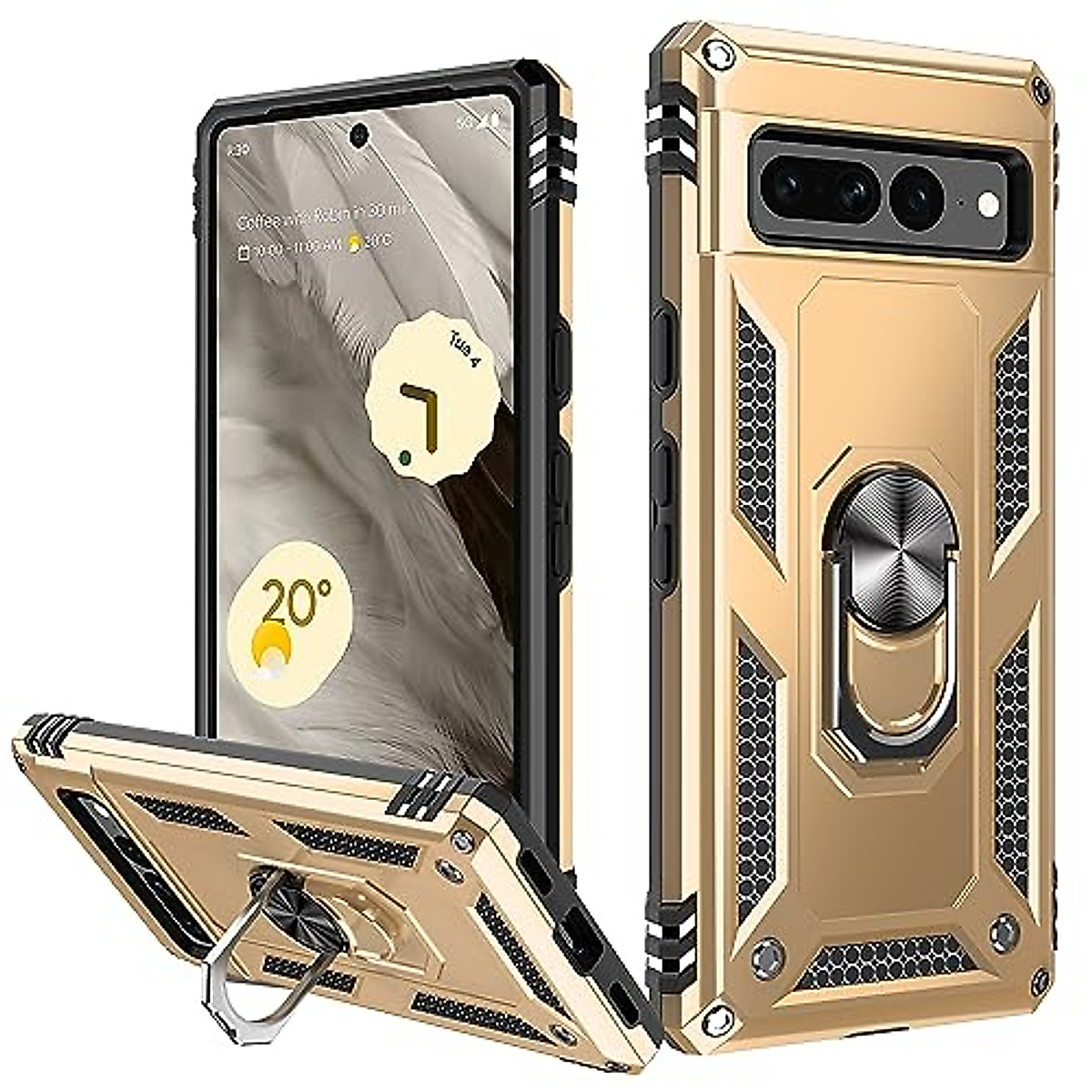 IKAZZ Suitable for Google Pixel 7 Pro Case,Military Grade Shockproof Heavy Duty Protective Phone Cover Pass 16ft Drop Test with Magnetic Kickstand Car Mount Holder Gold