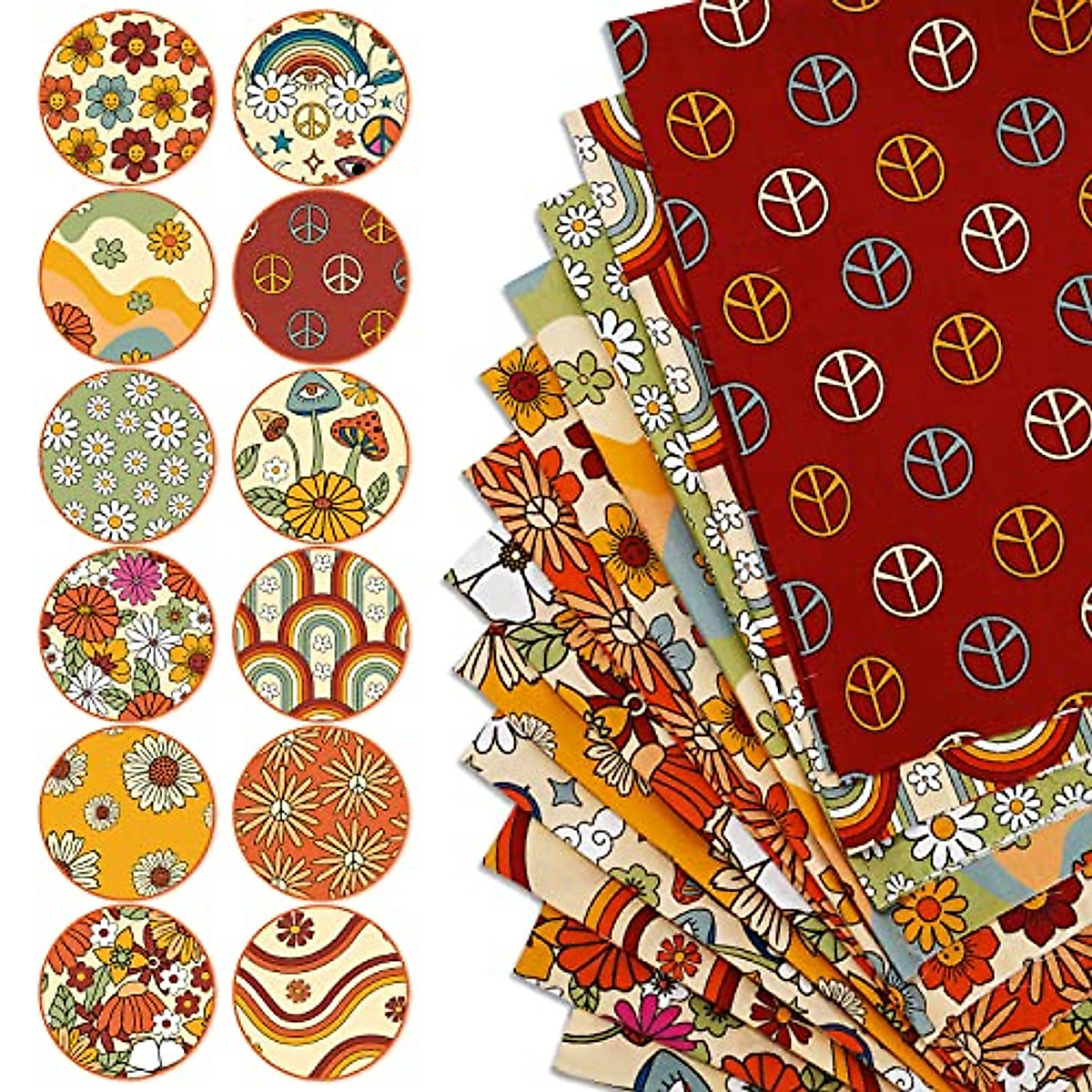 Whaline 12Pcs Fall Retro Floral Cotton Fabric Bundles 18 x 22 Inch Boho Hippie Groovy Boho Rainbow Printed Fat Quarter Quilting Patchwork Square Sewing Fabric for DIY Handmade Craft Home Party Decor
