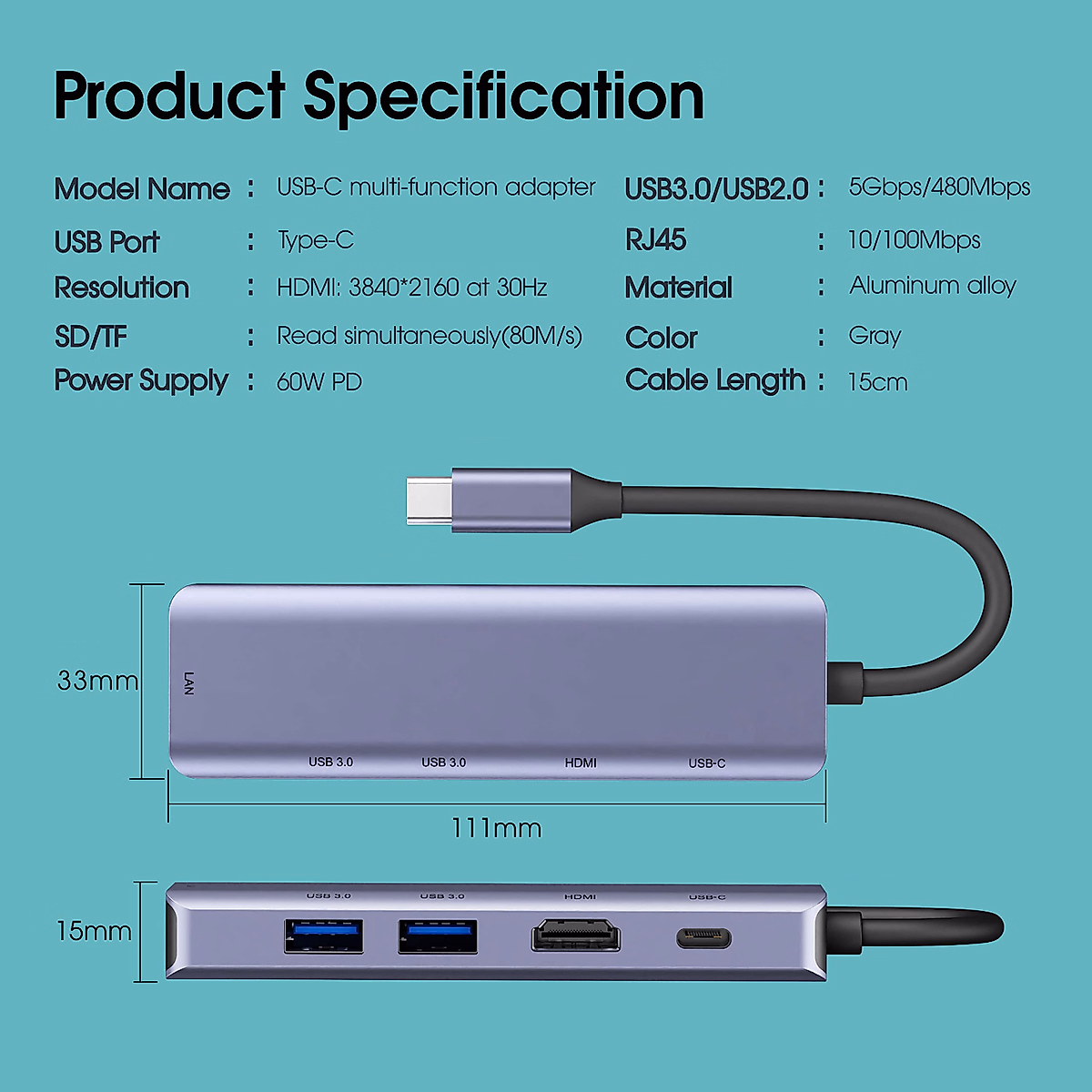 USB C Hub Multiport Adapter,EhYoo 7 Port USB-C Hub with 4K/HD 60Hz, RJ45 Ethernet, 60W PD, SD/TF Card Slots, 2X USB 3.0 5Gbps Data Ports, for ROG Ally, Smartphones, MacBook, iPad, Switch, Steam Deck