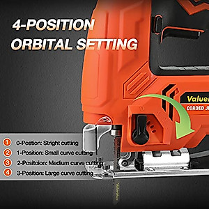 ValueMax Jig Saw, 5.0AMP Corded Electric Jigsaw with 6 Variable Speeds, 4-Position Orbital Setting, ±45° Bevel, Dust Blower and 6Pc Blades, Jigsaw Tool Kit for Wood, Metal and Plastic Cutting