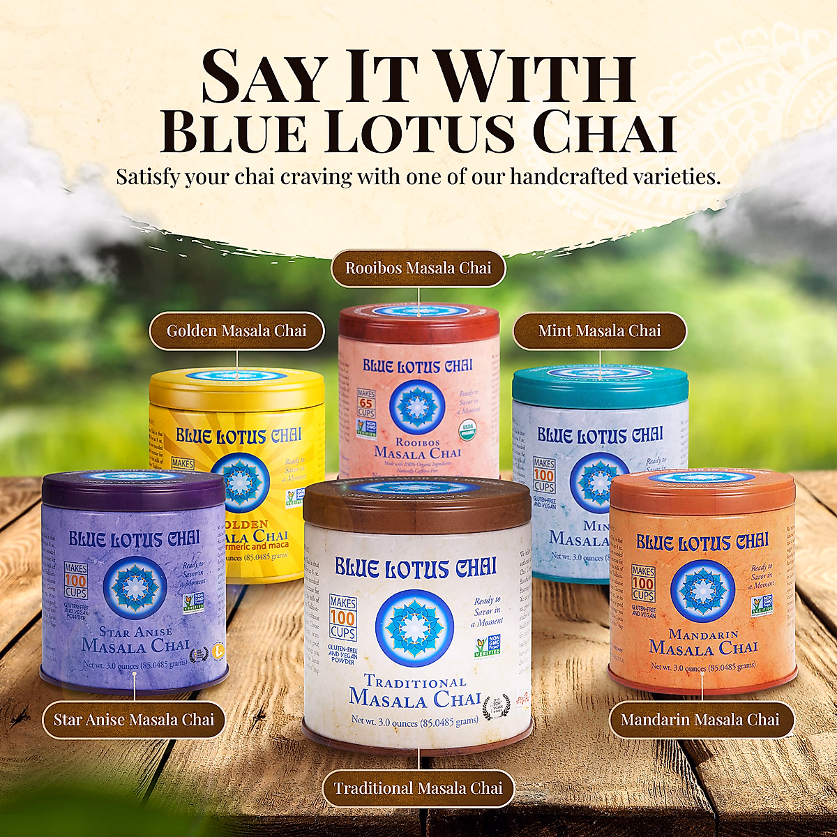 Blue Lotus Chai - Traditional Masala Chai - Makes 100 Cups - 3 Ounce Masala Spiced Chai Powder with Organic Spices - Instant Indian Tea No Steeping - No Gluten