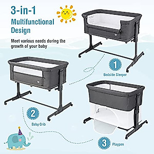 BABY JOY 3-in-1 Bassinet Bedside Sleeper, Playpen & Baby Crib w/Mattress, 5 Adjustable Heights, Lockable Wheels & Travel Bag for Safe Cosleeping, Portable Baby Bassinet for Infants Newborn (Black)