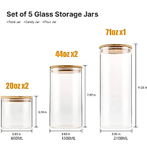 Glass Storage Jars [Set of 5],Clear Glass Food Storage Containers with Airtight Bamboo Lid Stackable Kitchen Canisters for Candy,Cookie,Rice,Sugar,Flour,Pasta,Nuts and Spice Jars