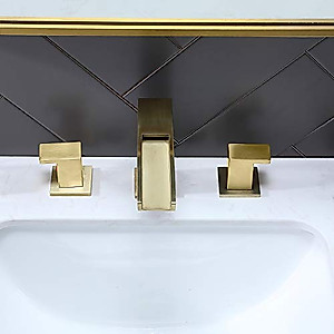 Ufaucet Modern Commercial 2 Handle 3 Hole Widespread Brushed Gold Waterfall Bathroom Faucet,8 inch Bathroom Vanity Sink Faucet with Hoses and Pop Up Drain