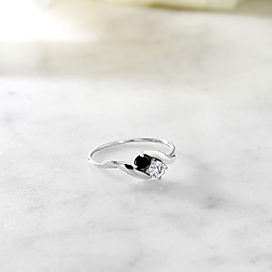 Gem Stone King 10K White Gold Black Diamond and White Moissanite 2-Stone Engagement Ring For Women (0.33 Cttw, Round 3.5MM, Available In Size 5, 6, 7, 8, 9)